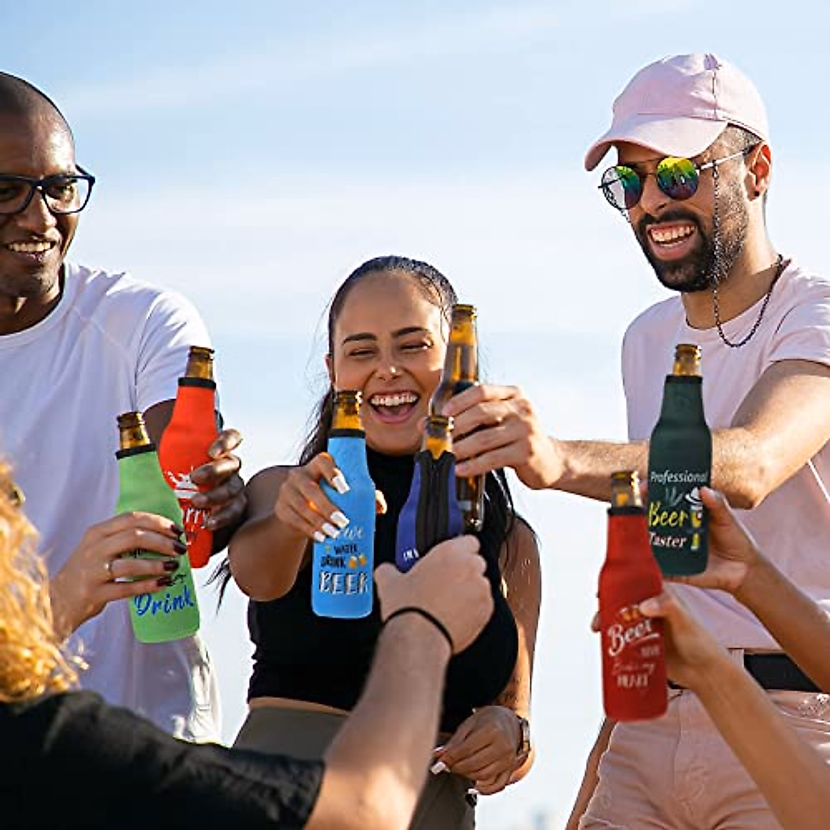 Summer Beer Bottle Insulator Sleeve with Zipper Neoprene Insulated Bottle Jackets Keep Warm and Cold Beer Bottle Sleeves with Stitched Fabric Edges for Party (8 Piece, Artsy Style)