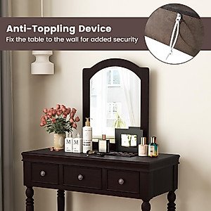 CHARMAID Makeup Vanity Desk with Mirror and Stool, 34'' Wide Vanity Table Set with Large Mirror, 3 Drawers, Cushioned Stool, Solid Wood Legs, Bedroom Dressing Table, Gift Idea (Espresso)