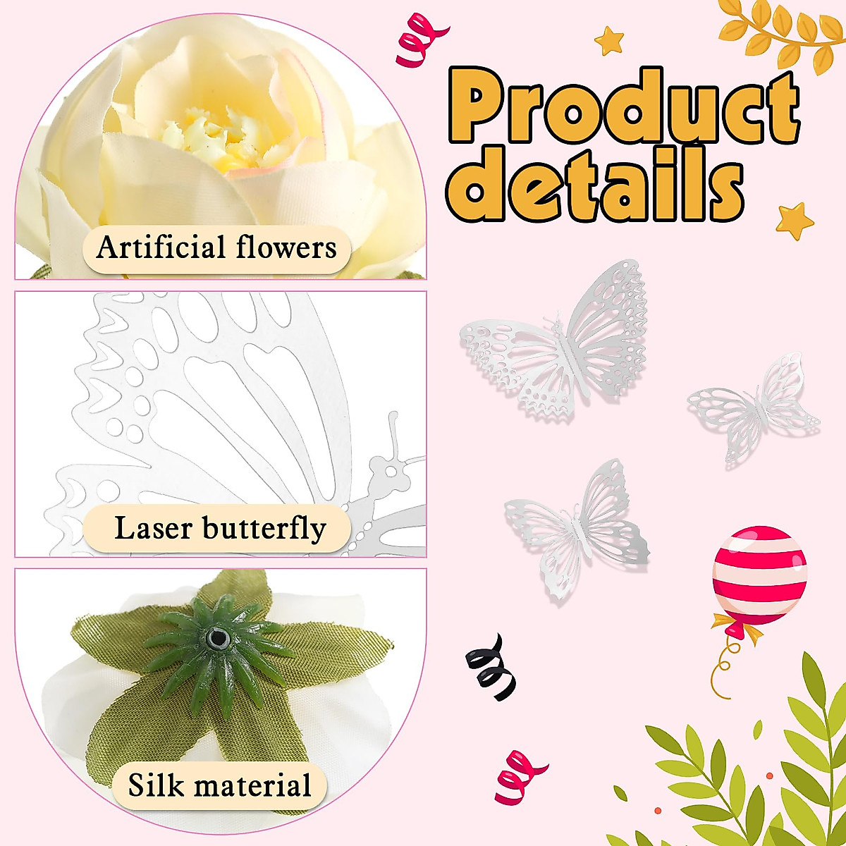 Canlierr 32 Pcs DIY Graduation Cap Decorations Accessory Kit Include Faux Flower Heads 3D Butterfly Grad Cap Decorations (White Tone)