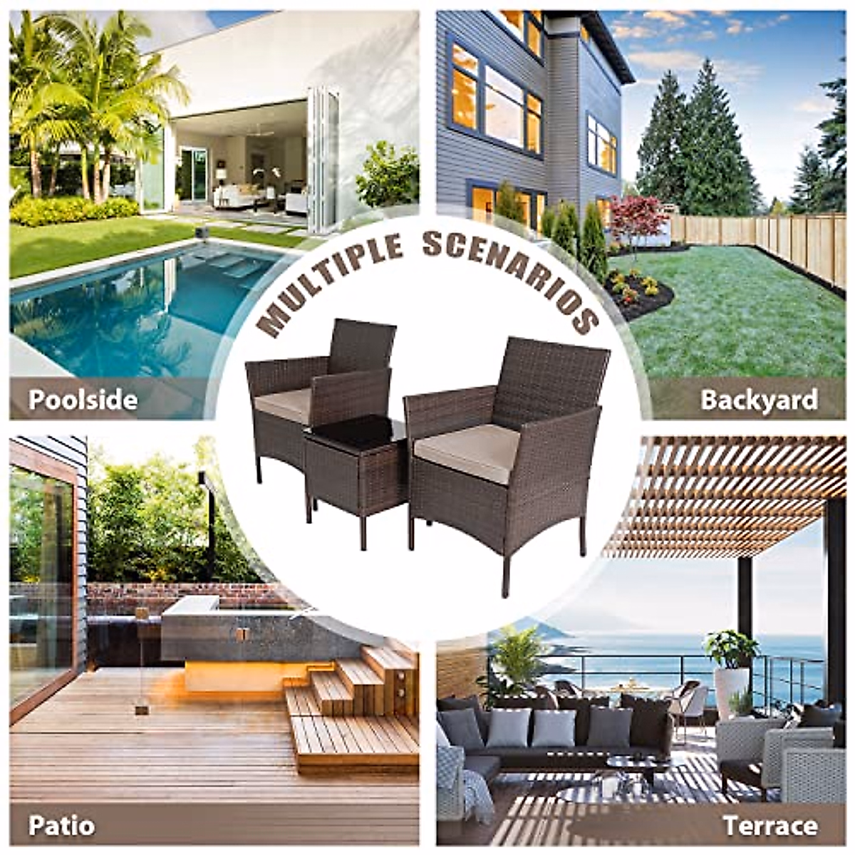 PayLessHere 3-Piece Outdoor Wicker Conversation Bistro Set Outdoor Patio Porch Furniture Sets for Yard, Garden with 2 PE Rattan Wicker Chairs, 2 Cushions,1 Coffee Table (Khaki)