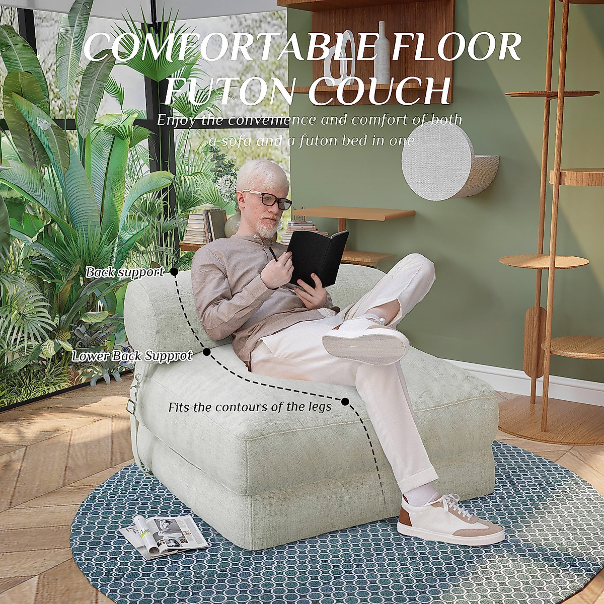 Daneey 3-in-1 Convertible Floor Futon Couch Multi-Functional Folding Sofa Bed with 1 Bolster Pillows Sleeper Chair Fold Out Futon Sofa Bed Couch Ivory