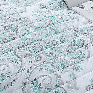KASENTEX Authentic 100% Cotton 3-Piece Oversized Twin XL Quilt Set Soft Bedspread Coverlet Sets (Blue Paisley, 80X106+20X26 X2)