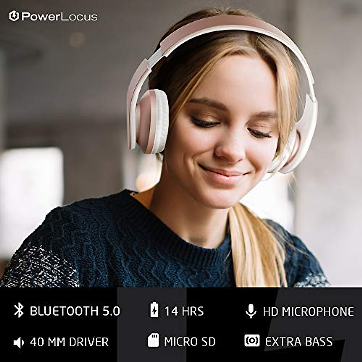 PowerLocus Rose Gold Bluetooth Headphones with Black/Green Bluetooth Headphones