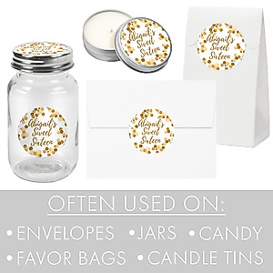 Personalized White and Gold Sweet 16 Birthday Party Favor Stickers with Name - Custom Envelope Seals, Bag Stickers - 1.75 in. Round - 40 Labels