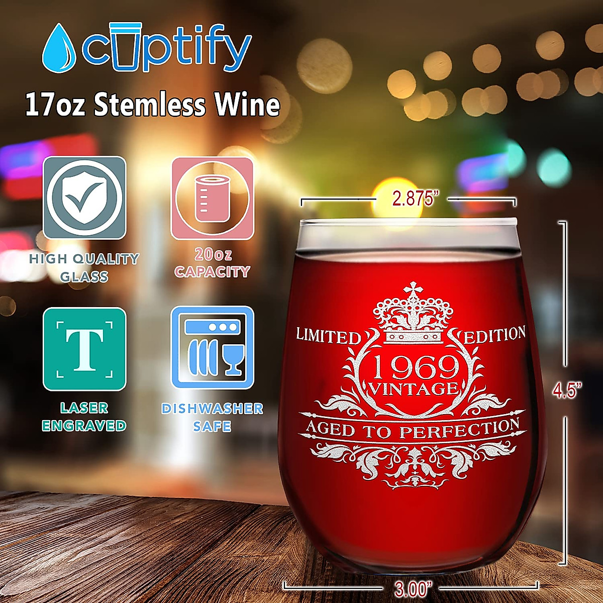 Cuptify 54th Birthday Gifts for Women 1969 Vintage Edition 17 oz Stemless Wine Glass 54 Year Old Birthday Anniversary Presents Party Decorations for Mom