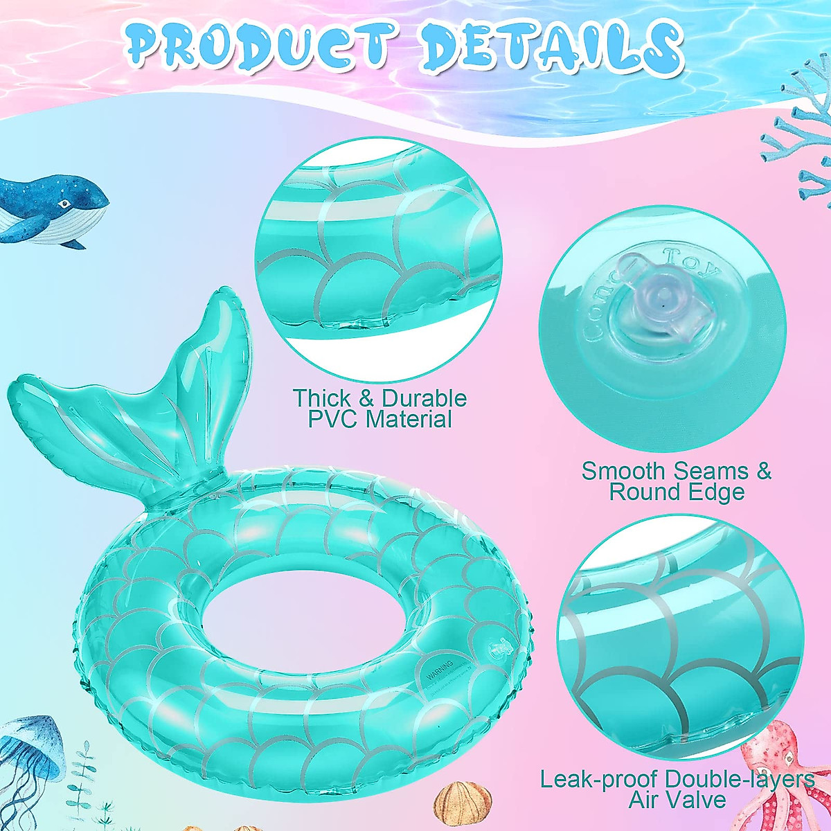 Neer 4 Pcs Mermaid Pool Float Inflatable Swimming Ring Mermaid Tail Shaped Pool Swimming Float Float Tube Ring Children Swim Rings for Kids Infants Beach Water Activities, Green, Pink