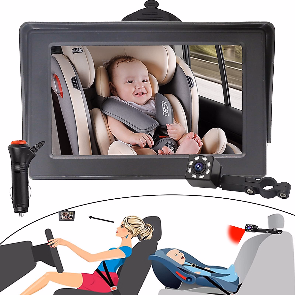 B-Qtech Baby Car Mirror, Baby Car Camera for Back Seat Rear Facing View Infant, 4.3 inch Night Vision Monitor Anti-Shake Camera 360°Adjustable Easy Observe and Install