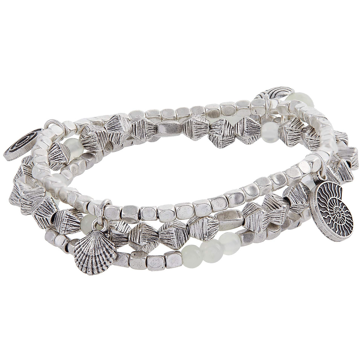 Alex and Ani Seaside Stretch Beaded Bracelet for Women, Nautilus and Ocean Beach Multi Charm, Rafaelian Silver Finish, Wrist Sizes 6 to 8 in, Set of 3