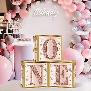 Guiruiy 3Pcs 1st Birthday Boxes Party Supplies for Baby Girl, Pink Rose Gold Miss Onederful 1st Birthday Balloons Boxes Decoration, Pink One Year Old Birthday Theme Cardboard Box Decor