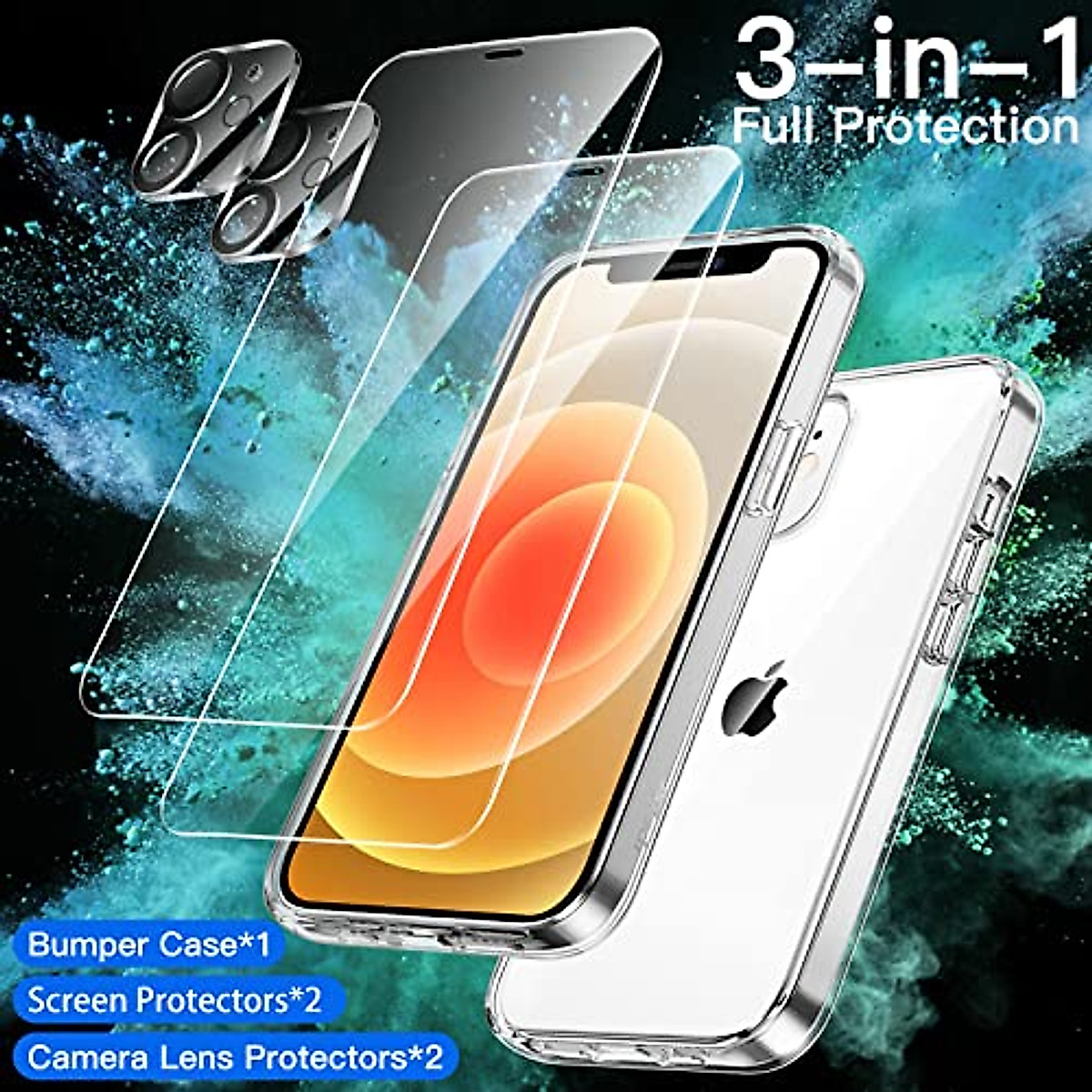 JETech 3 in 1 Case for iPhone 12 Mini 5.4-Inch, with 2-Pack Screen Protector and Camera Lens Protector, Non-Yellowing Shockproof Bumper Phone Cover, Full Coverage Tempered Glass Film (Clear)