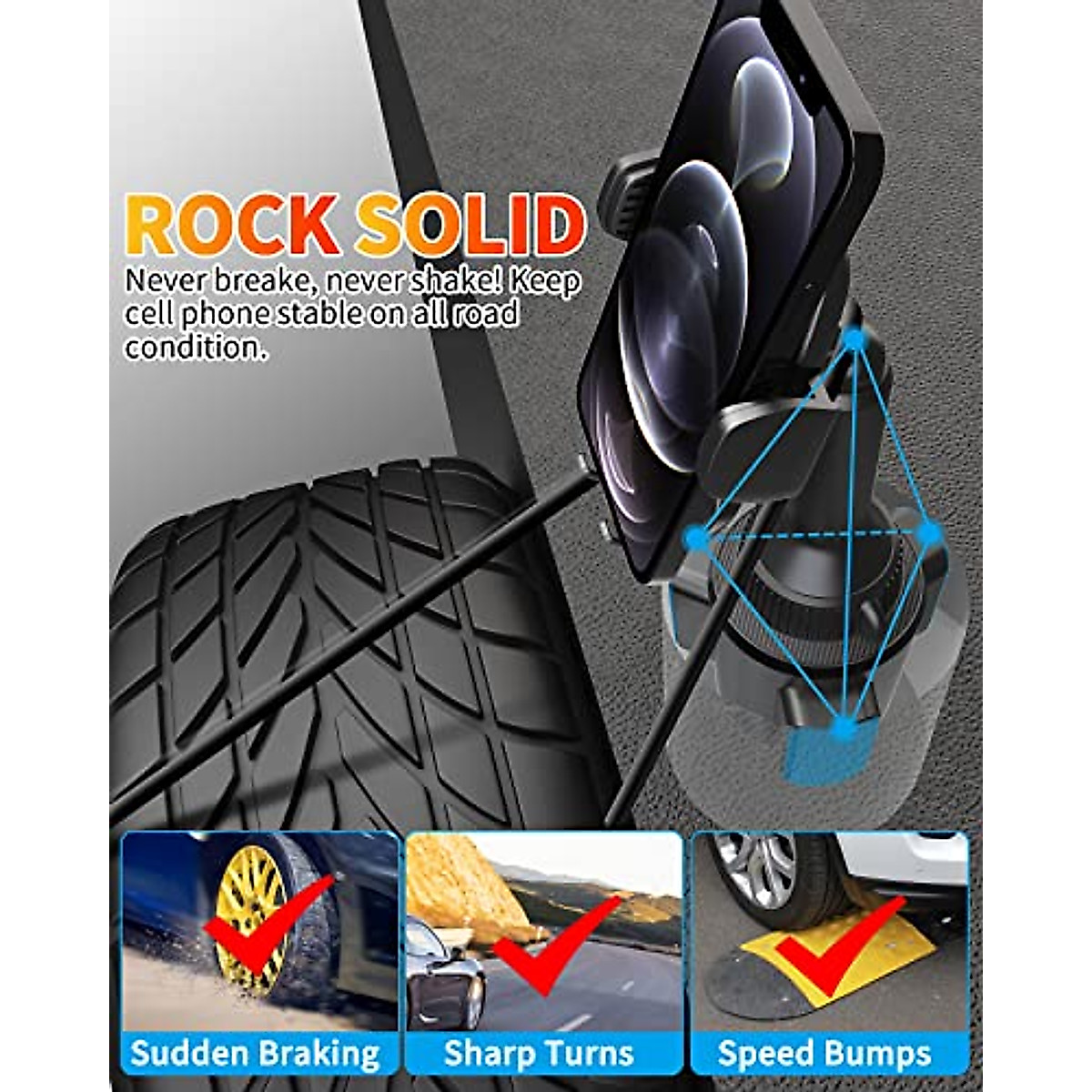 1Zero Rock Solid Cup Holder Phone Mount for Car Low Profile No Shaking Long Arm 2in1 Air Vent Car Phone Mount Compatible with All iPhone Samsung Cell Phones for Truck SUV Tesla Golf Cart Boat