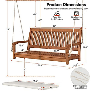 Tangkula 2 Person Hanging Porch Swing, Outdoor Bench Swing with Chains, High Back, Cozy Armrests, Heavy Duty 800Lbs Wooden Hanging Swing Chair with Cushion for Backyard, Deck, Garden