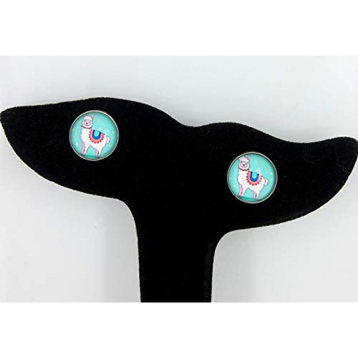 Stainless Steel Llama Print Glass Stud Earrings 12mm (Teal)
