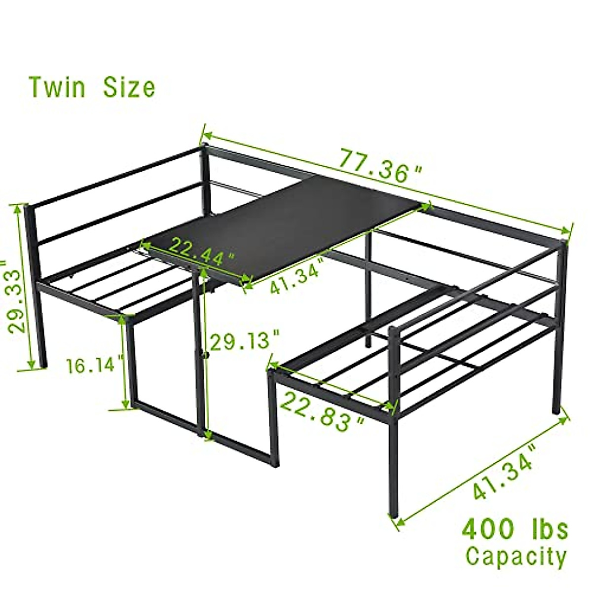 FULLJOJOR Twin Size Metal Daybed, Adjustable Sofa Bed Day Bed with Metal Slats and Convertible Built-in-Desk, No Box Spring Needed