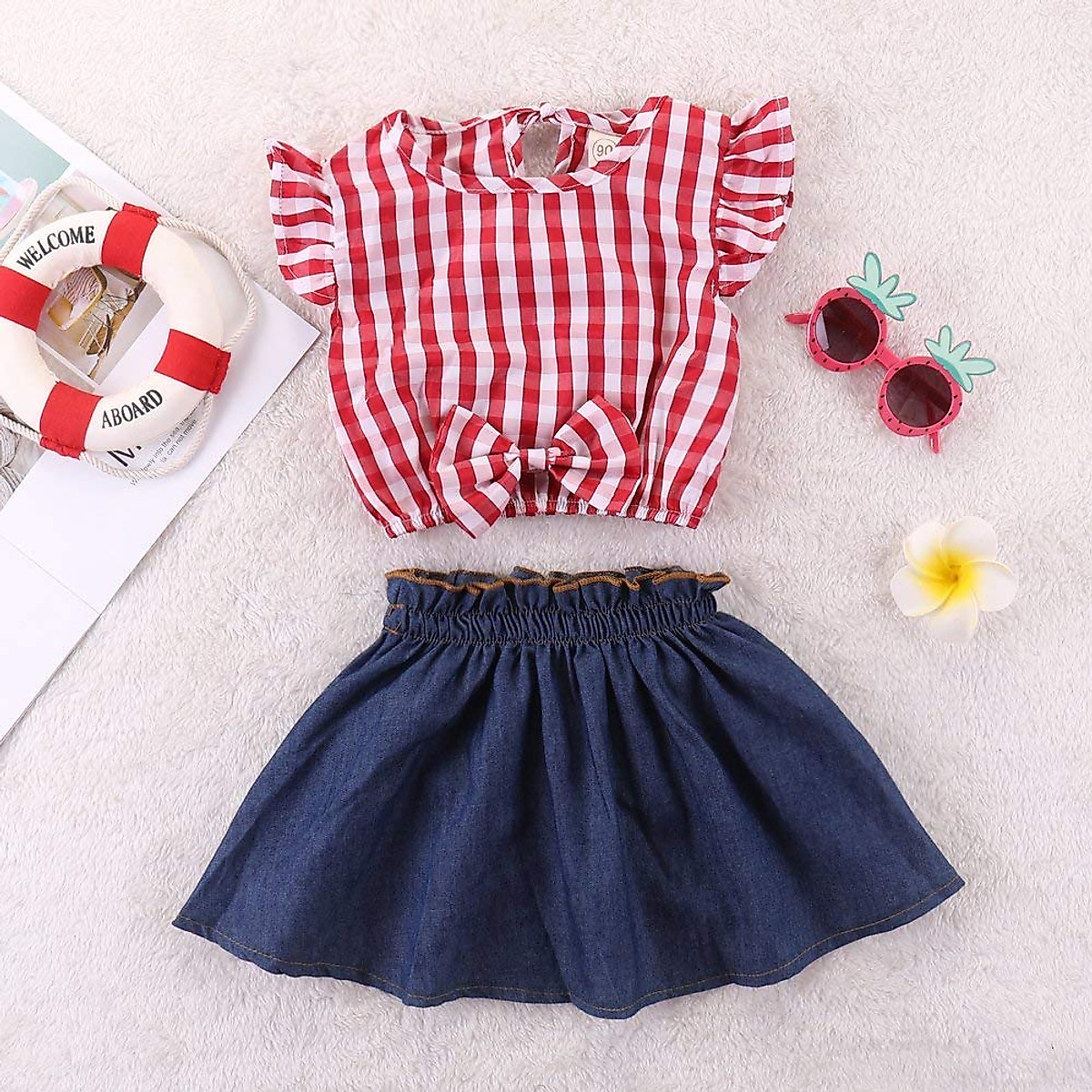 BOIZONTY Toddler Baby Girl Red Plaid Outfits Ruffled Sleeve Crop Top Shirts with Bowknot+Denim Skirt Dress Summer Clothes Set (Plaid, 3-4 Years)