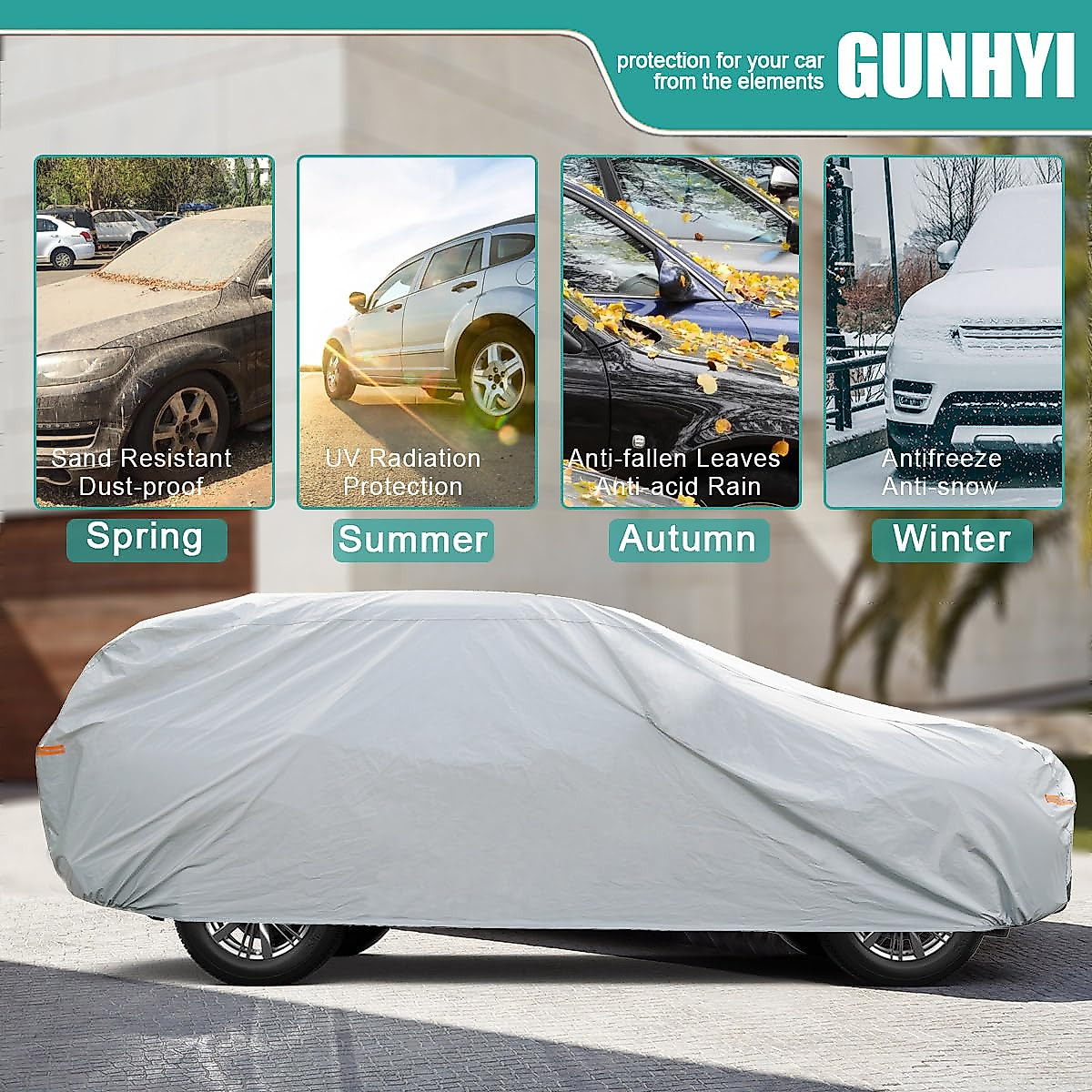 GUNHYI 5 Layer SUV Car Cover Waterproof All Weather, Universal Fit Ford Explorer, Honda Pilot, Nissan Murano, Jeep Grand Cherokee, Hyundai Palisade, Volkswagen Atlas etc, Up to 201 Inch