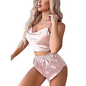 LYANER Women's Silky Satin Pajamas Set Cami Crop Top with Shorts Lingerie Sleepwears PJ Set Pink Small