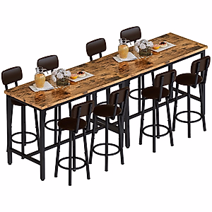 AWQM Faux Wooden Table with 8 PU Upholstered Chairs, Breakfast Table Bar Table and Backrest Chairs with Footrest for 8-10 People, Dining Room Set Space Saving Furniture (Brown)