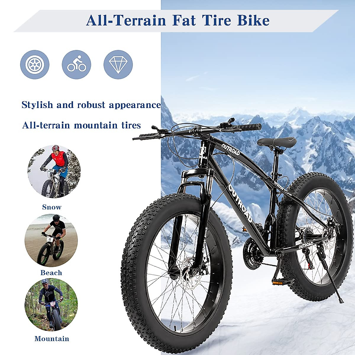 Max4out 26 inch Fat Tire Mountain Bike, 21 Speed with Dual Front Suspension, Double Disc Brake and High Carbon Steel Frame Anti-Slip Bicycle, Mens and Womens, Black
