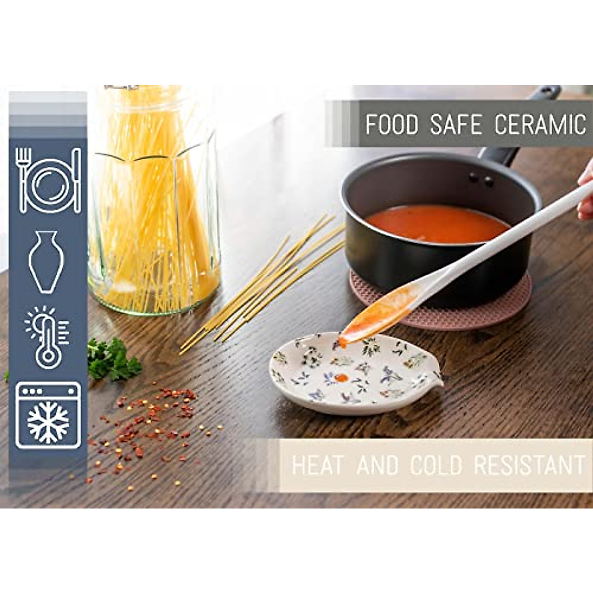 Nat & Jules Dainty Floral White 6 x 4 Glossy Ceramic Oval Countertop Spoon Rest