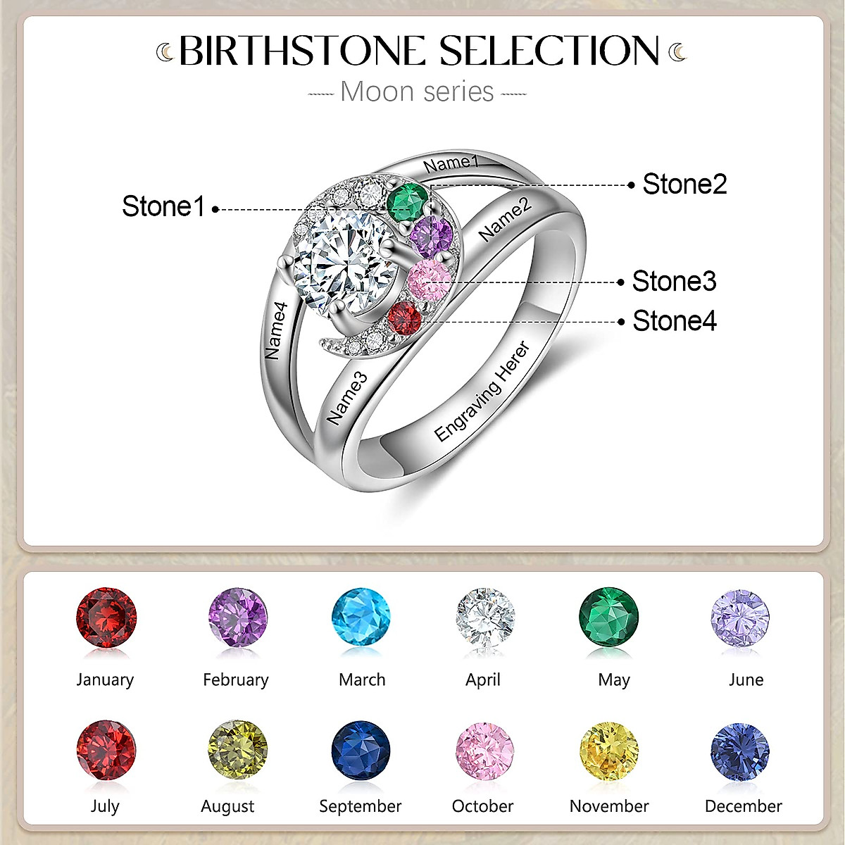 Moon Ring,Personalized Promise Ring for Her Engagement Ring with 2-4 Birthstones Names Engraved Rings for Women Mother's Days (4 names, 9)