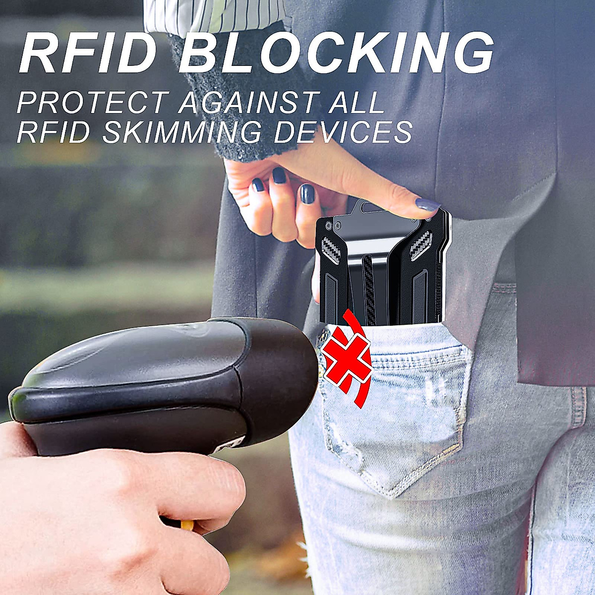 Minimalist Wallet for Men - Ultra Slim Aluminum Credit Card Holder Metal Wallet with Clear ID Window Badge Holder, RFID Blocking, Front Pocket Wallet with Money Clip and Retractable Keychain Black