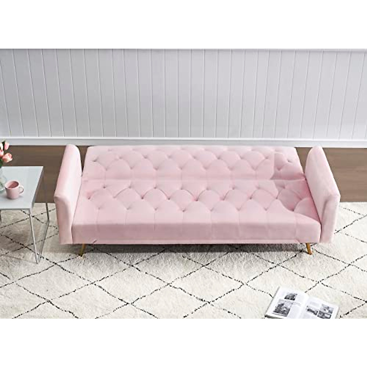 Tufted Upholstered Velvet Modern Futon Loveseat Sleeper Sofa Bed Convertible Couch Daybed,Folding Sofá Beds Recliner,Small Love Seat 2-Seat Couches with Toss Pillows&Metal Legs for Living Room