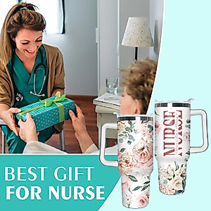 qoepfnsh Nurse Tumbler Pink Floarl 40 oz Tumbler with Handle Nurse Travel Coffee Mug Cup Stainless Steel Insulated 40oz Tumblers with Lid and Straw Nurse Gifts for Women
