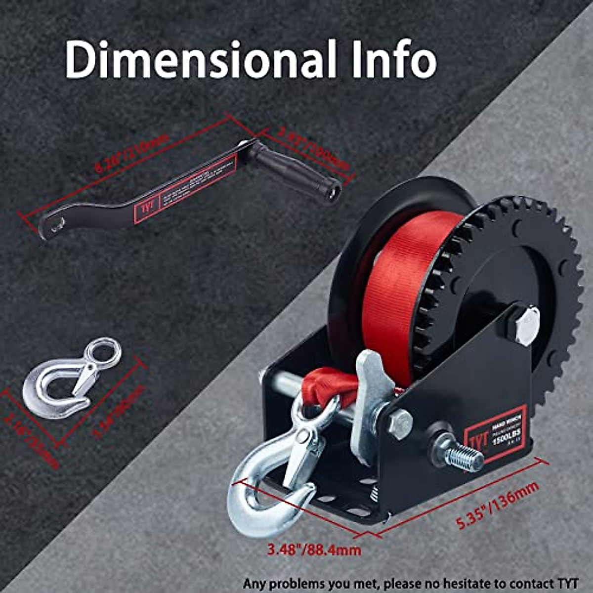TYT 1500LB Boat Trailer Strap Winch with 8M Red Strap, Sturdy Long-Lasting Gear Hand Crank Winch, Operated Two Way Ratchet Manual Winches for Towing Pulley Boat Trailer Truck RV Jet Ski Marine Winch
