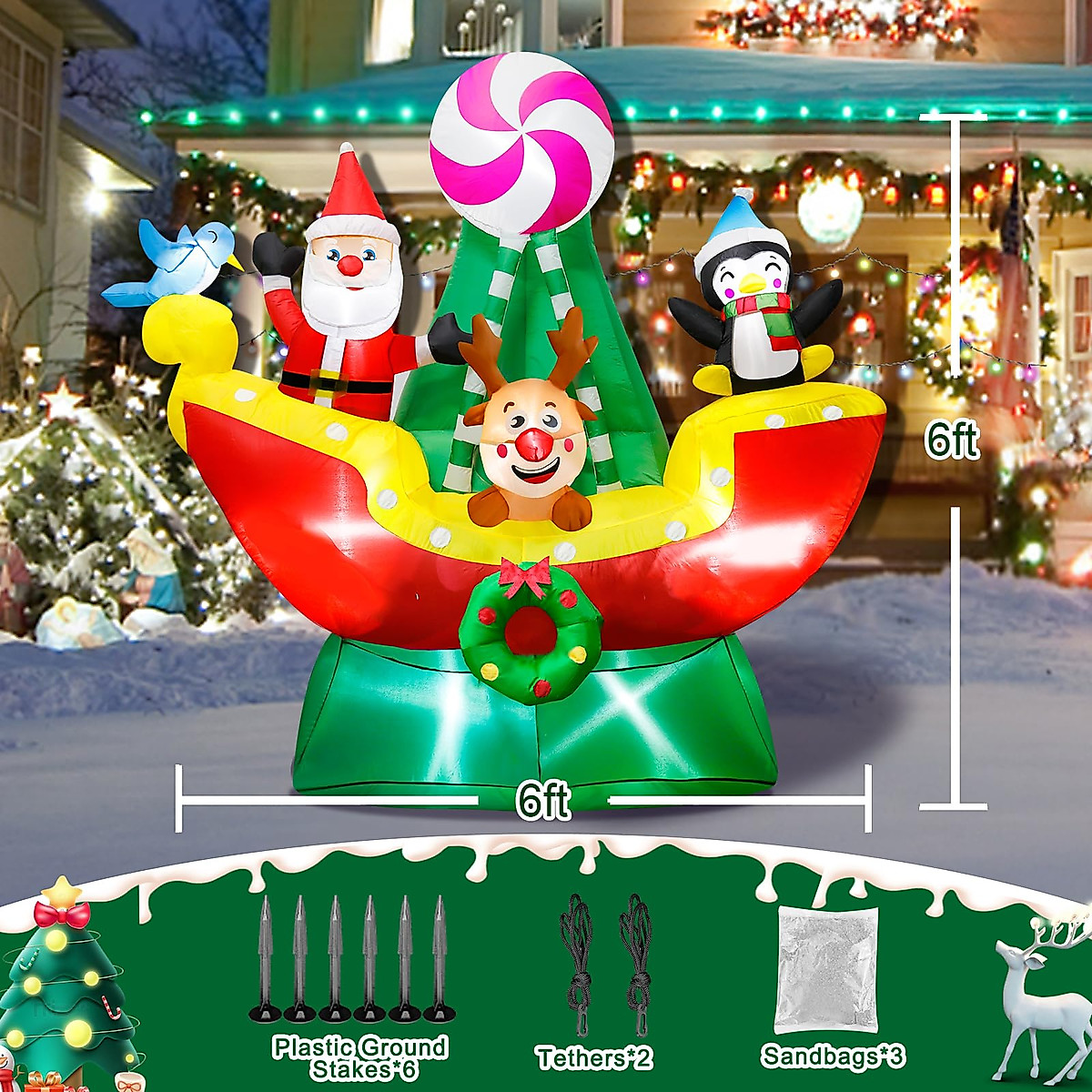 Mukum 6FT Long Easter Inflatable Outdoor Decorations Easter Inflatable Bunny Eggs Carrot Inflatable Gift Box LED Light Up Easter Decorations with Build-in LED Blow Up for Indoor Outdoor