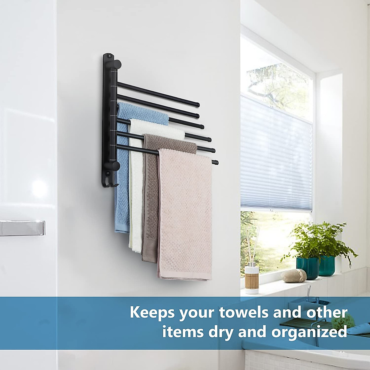 Space Saving Towel Rack JSVER Black Space Saving Towel Holder, Towel Rack Wall Mounted, Swivel Hand Towel Holder, 6-Arms Towel Bar, Towel Racks for Bathroom