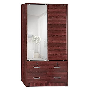 Better Home Products Sarah Double Sliding Door Armoire with Mirror in Mahogany