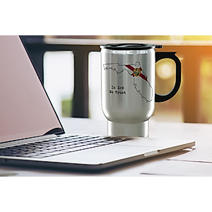 Florida In God We Trust Gifts and Souvenirs - Travel Mug with Handle and Lid - Florida Graduation Unique Drinkware - 14oz Travel Mug Steel - Best USA State Motto & Flag Gifts