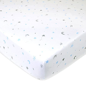 American Baby Company 2 Pack Fitted Crib Sheets 28" x 52", Soft Breathable Neutral 100% Cotton Jersey Sheet, Blue Stars and Blue, for Boys and Girls, Fits Crib and Toddler Bed mattresses
