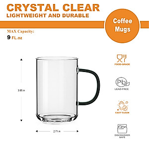 LUXU Glass Coffee Mugs Set of 4,Borosilicate Glass Coffee Cups 9 Fl.oz,Lead-Free Drinking Glasses,Premium Tea Cups with Dark Green Handle,Latte & Mocha Mugs,Espresso Coffee Gifts for Home and Cafe