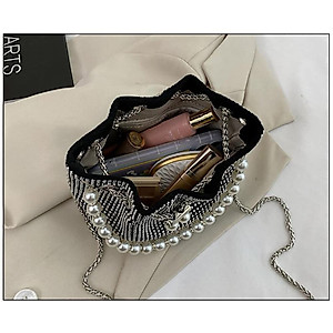 Mini Crossbody Shoulder Evening Bag Shinny Bling Clutch Purse Bucket Pearl Strap Handbag for Women (White)
