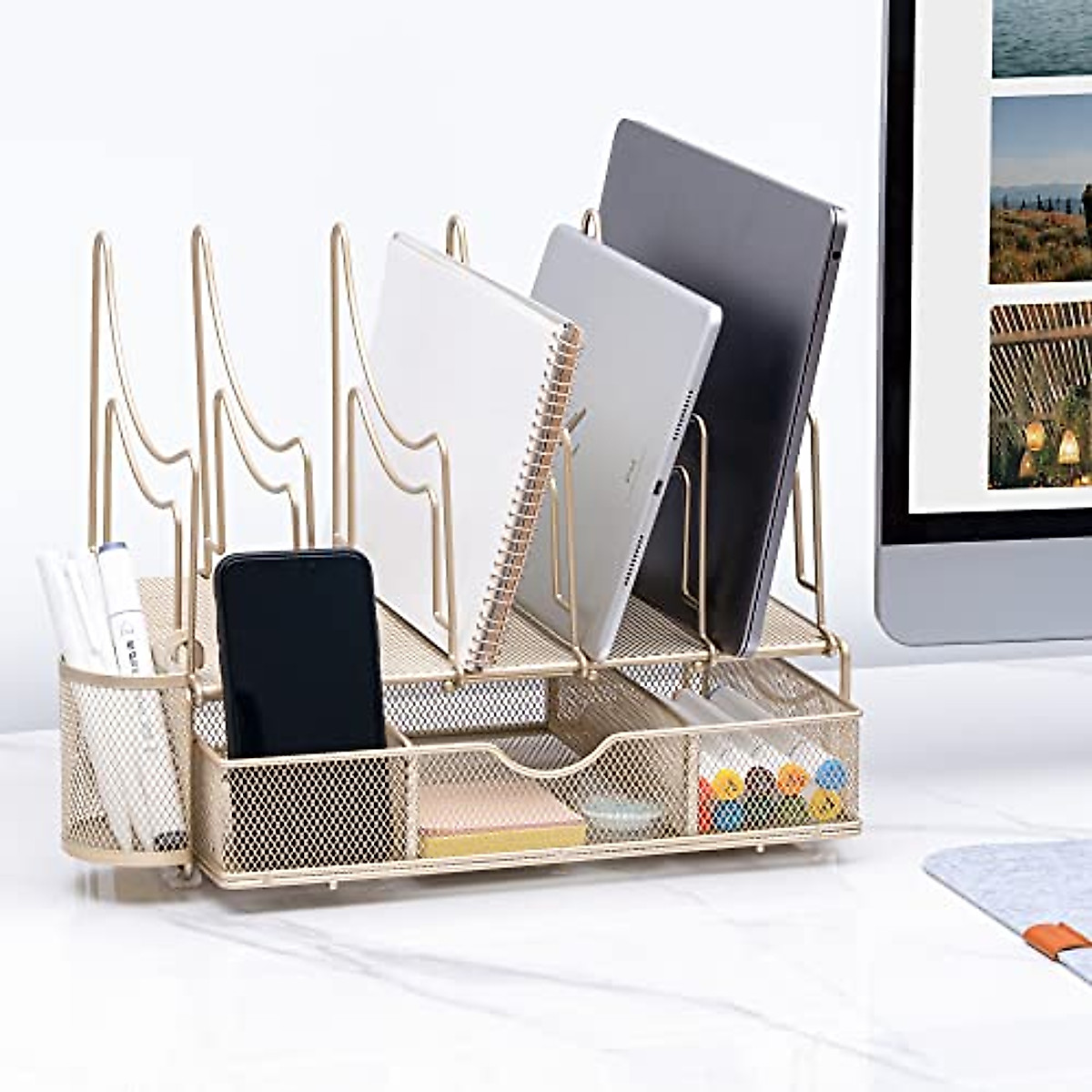 ARCOBIS Gold Desk File Organizer for Women, Desk Organizers and Accessories with Pen Holder & Sliding Drawer & Vertical File Folder Sorters, Cute Desktop File Holder for Office Supplies