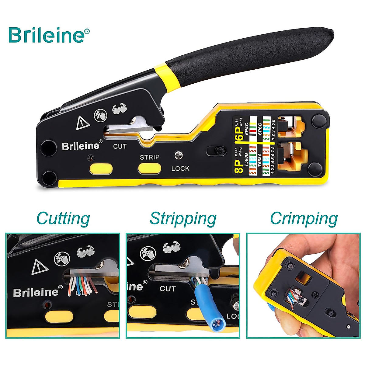 Brileine RJ45 Crimp Tool Pass Through Kit Ethernet Crimper Cat5 Cat5e Cat6 Crimping Tool for RJ11/12 6P/8P with Network Lan Cable Tester, 50PCS CAT6 Connectors, 50PCS Boots, Mini Cable Stripper