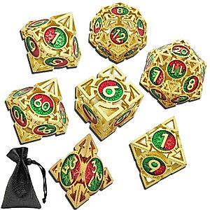 AJKDEUIH D&D DND Metal Dice Set Hollow Dungeons and Dragons D20 Polyhedral Game Dice 7pcs Set RPG MTG Role Playing Pathfinder Accessories Gift Storage Bag-Imitation Gold Red and Green