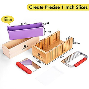 Soap Molds Making Kit with Wooden Cutter Measuring Box (44oz Purple Silicone) | for Adults, Melt and Pour or Cold Process, 100pc Bags, Stainless Steel Wavy & Straight Slicer
