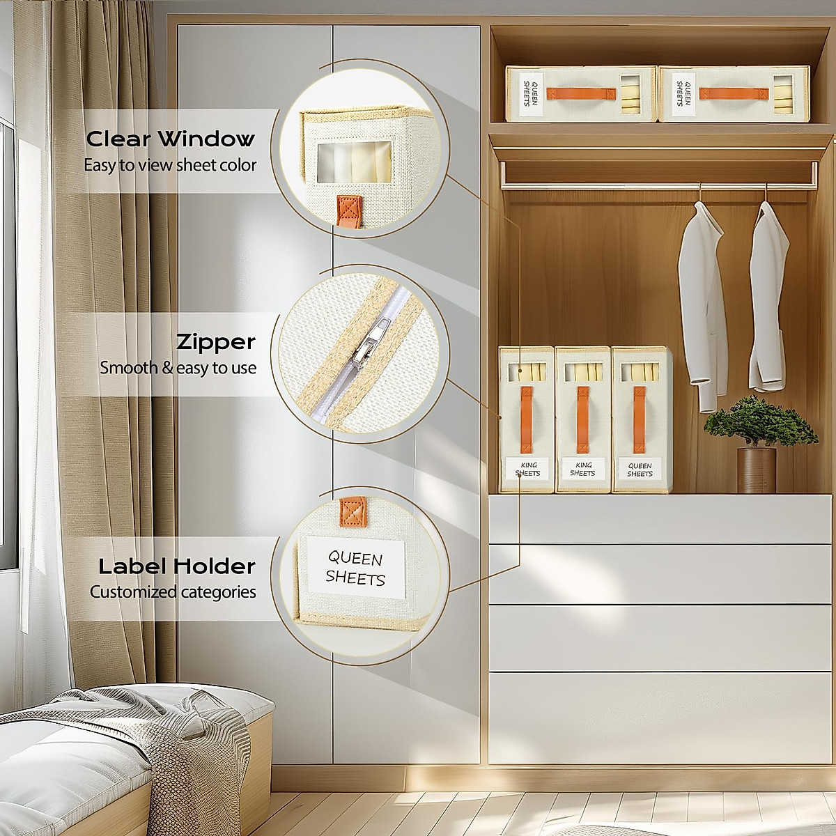 Yecaye 6 Pack Sheet Organizers and Storage, Bed Sheet Organizer for Linen Closet, Foldable Sheet Set Organizer with Clear Window and Label (Queen & King Size), Bedding Storage Box Container, Beige