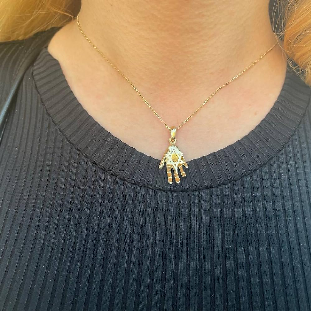 Baltinester Handmade 3D Hamsa Hand Holding a Star of David Pendant in 14k Yellow Gold Jewish Jewelry 0.82 x 0.59 Inch Jewelry