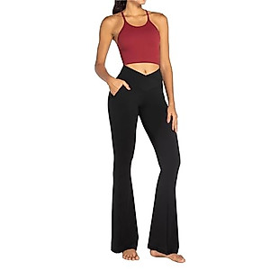 Sunzel Flare Leggings for Women with Pockets, Crossover Yoga Pants with Tummy Control, High Waisted and Wide Leg 30" Inseam Black Medium