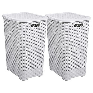 Superio Laundry Hamper with Lid 60 Liter Ivory (2 Pack) Plastic Wicker Large Hampers Basket with Cutout Handles, Deluxe Bin to Storage Dirty Cloths in Washroom Bathroom