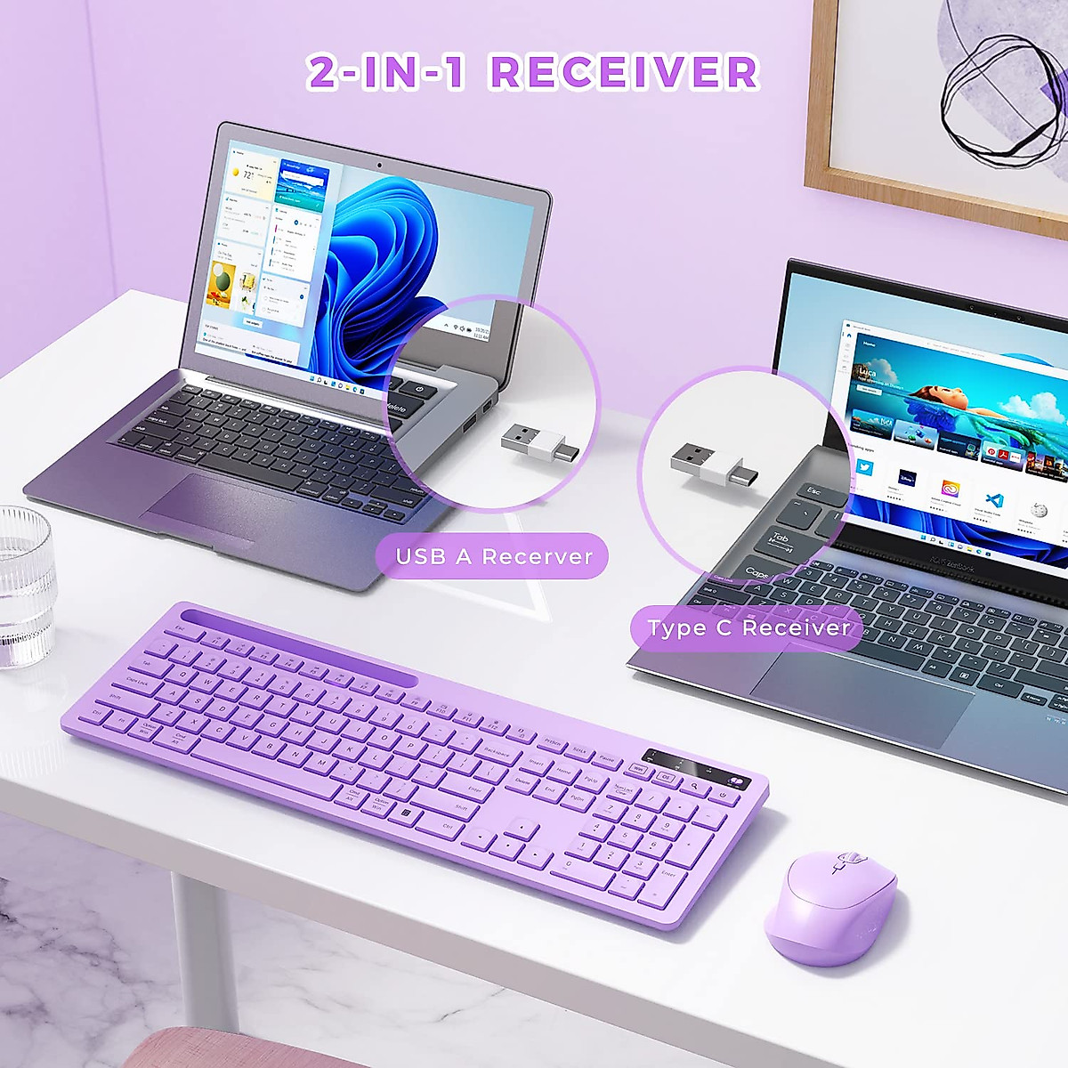 Keyboard and Mouse Wireless, Vivefox Wireless Keyboard with Phone Holder USB A & Type C Receiver Cute Keyboard and Mouse Compatible for Windows, Mac, MacBook/Air/Pro Computer (Purple)