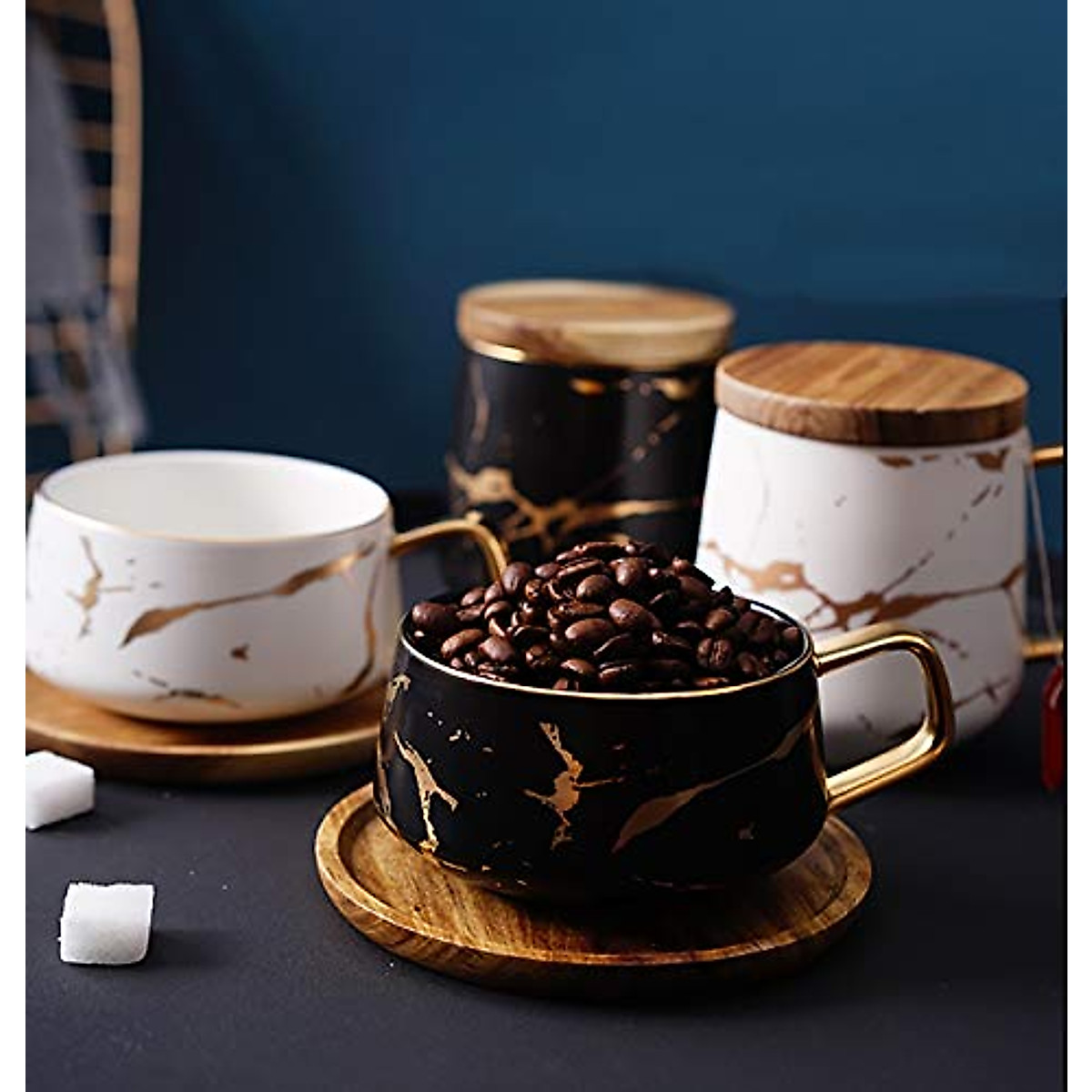 Jusalpha 10 oz Golden Hand Print Tea Cup And Saucer Set/Coffee Cup And Bamboo Saucer Set TCS19 (Black)