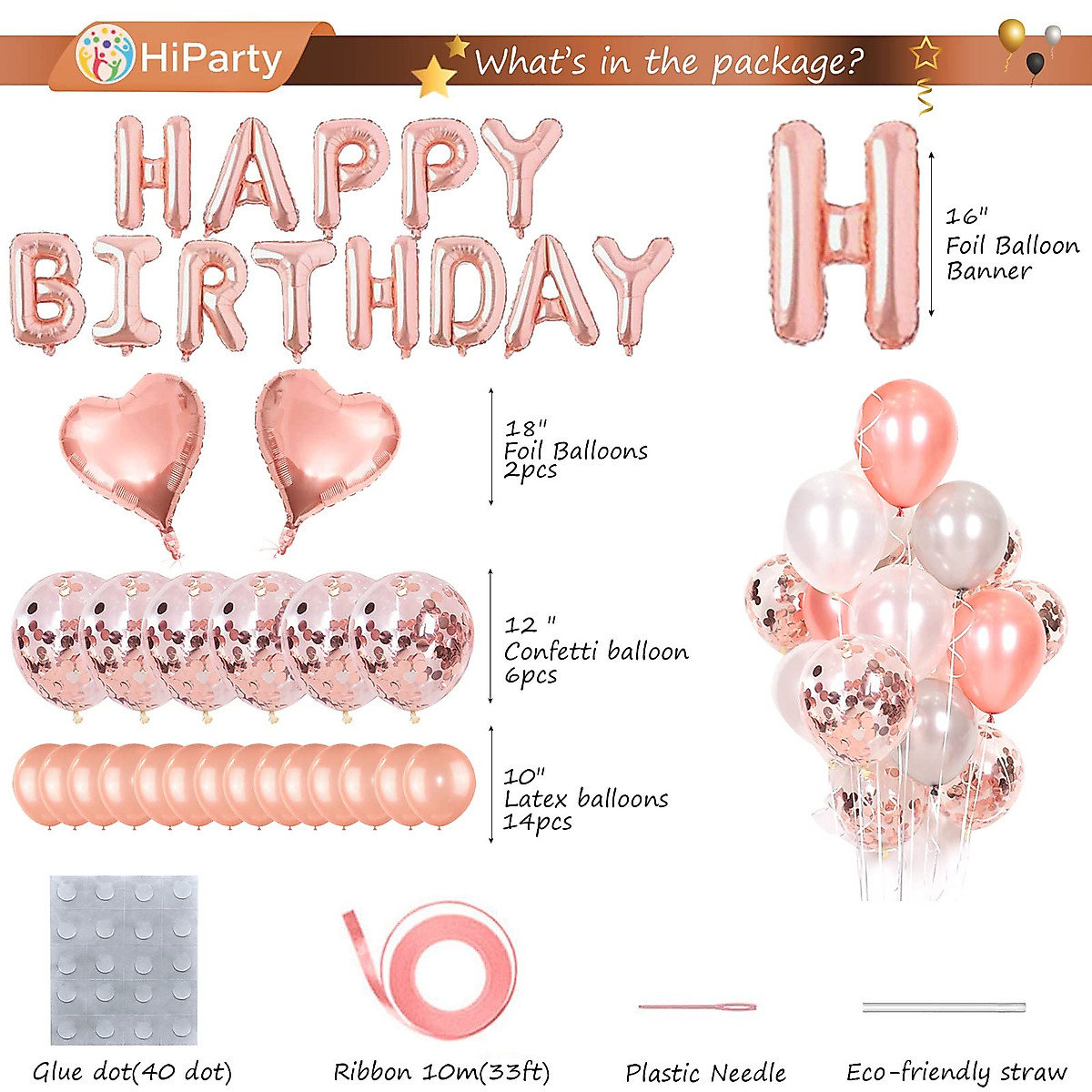 40pcs Pink Rose Gold Birthday Decorations, 3D Mylar Foil Happy Birthday Banner and 18inch Big Heart Star Confetti Latex Balloons, Ecofriendly Party Decorations Supplies for kids Girls Women
