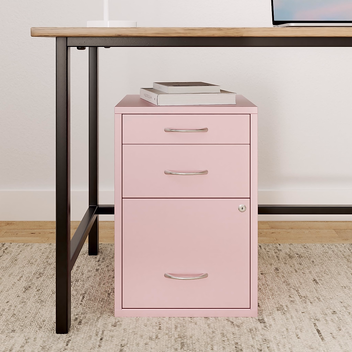 OSP Home Furnishings HPB Heavy Duty 3-Drawer Metal File Cabinet for Standard Files and Office Supplies, Pink Finish