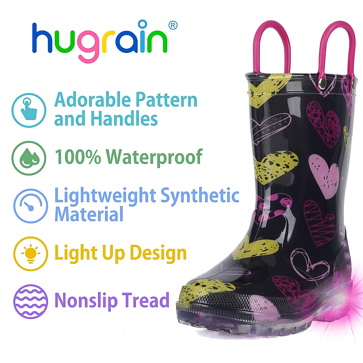 HugRain kids Girls Rain Boots Toddler Light Up Printed Waterproof Shoes Lightweight Adorable Cute Pink Heart Rubber with Easy-On Handles and Insole (Size 3,Black)
