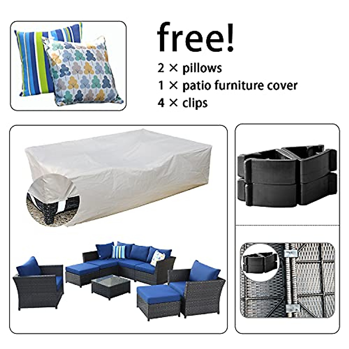 XIZZI Outdoor Patio Furniture No Assembly Required 9 PCS Patio Furniture Sets PE Rattan Wicker with 2 Pillows and Coffee Table, Backyard Patio Conversation Sets Sectional Sofa (Navy Blue)